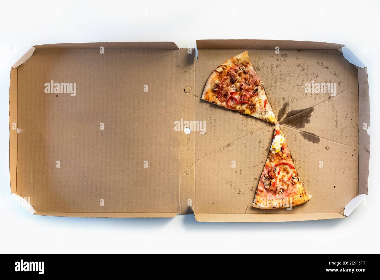Last two slice of pizza in a delivery cardboard box. Concept for home ...