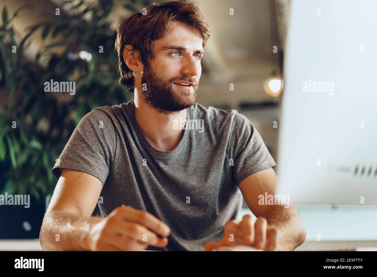 Bearded man freelancer using computer in a modern coworking place Stock ...