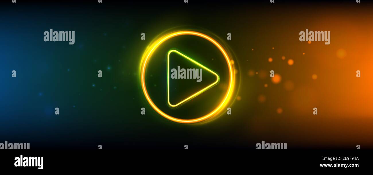 Wide gaming background with glowing play button. Start button. Press to ...