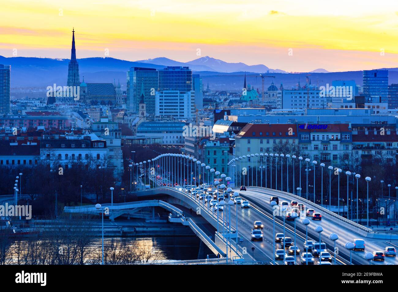 Wien, Vienna: Vienna city center, river Donau (Danube), bridge Reichsbrücke, cathedral ...