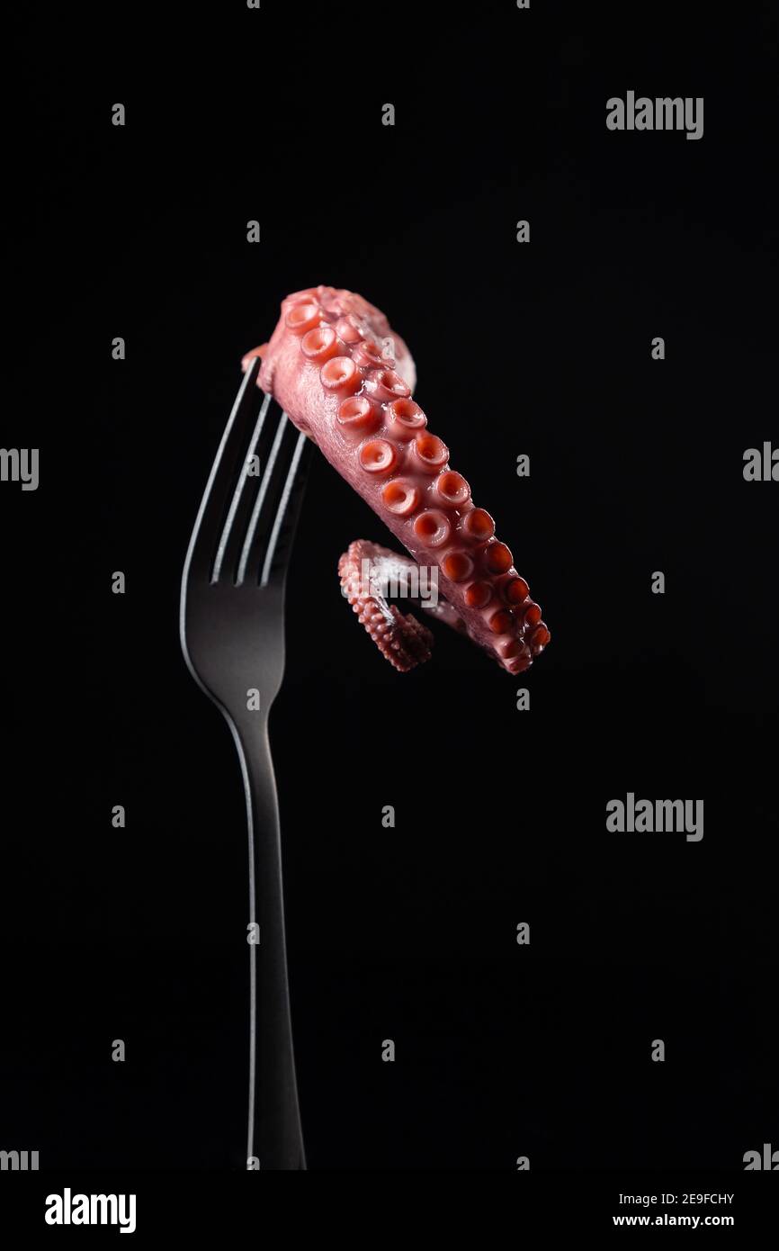 octopus tentacles held by fork on dark background Stock Photo - Alamy