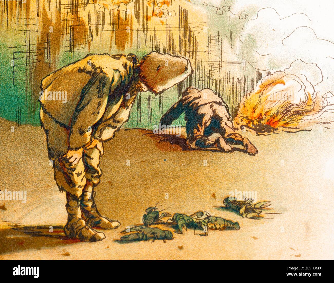 Robinson is watching crabs while Friday is crawling to the fire ...