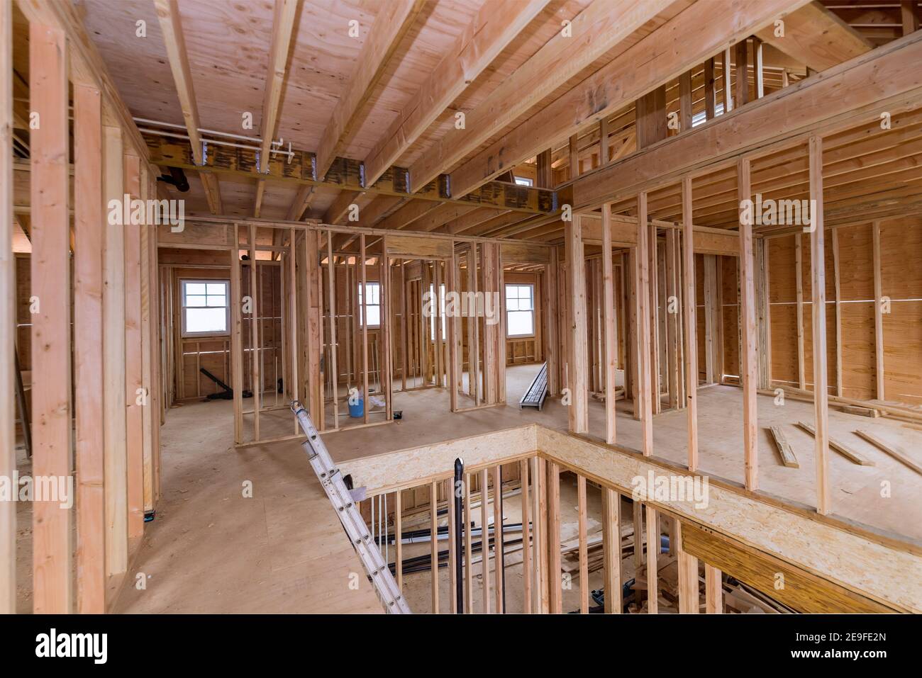 Under construction home framing interior view of a house Stock Photo ...