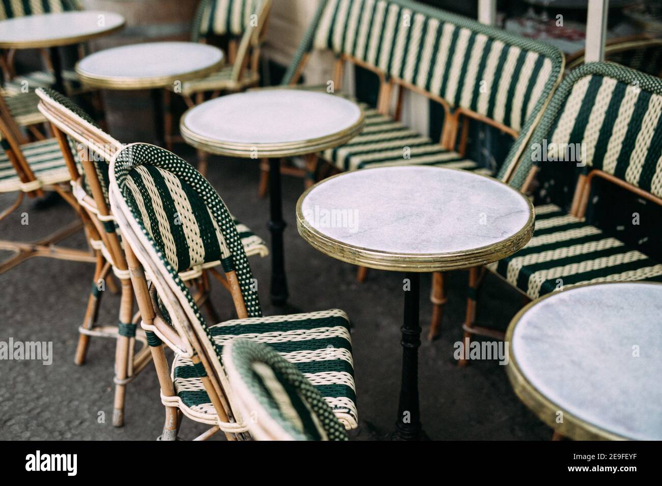 High angle shot of cafe tables and seats outdoors Stock Photo - Alamy
