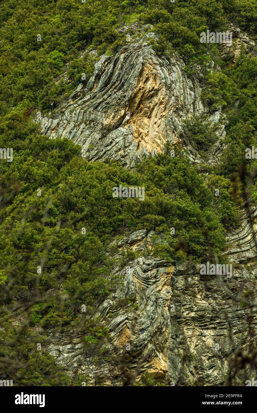 layers of sandstone sediments deformed by geological forces. Gran Sasso ...