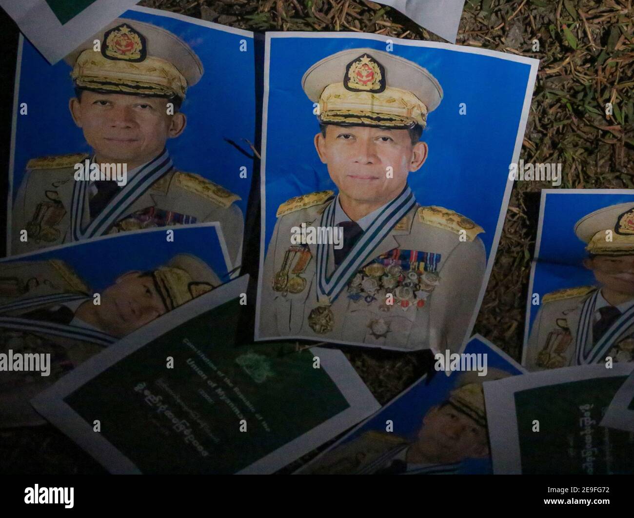 Portraits of Burma Army Commander-in-Chief Min Aung Hlaing laying on ...