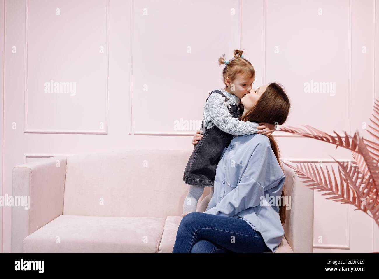 Portrait of little preschool girl kid excited young mother have fun ...