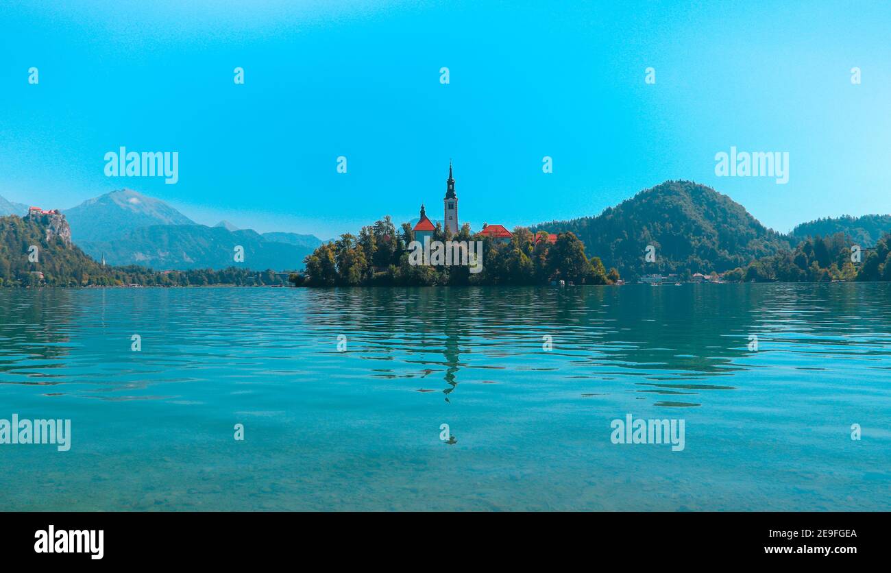 Stunning view of the Bled island with the church dedicated to the ...