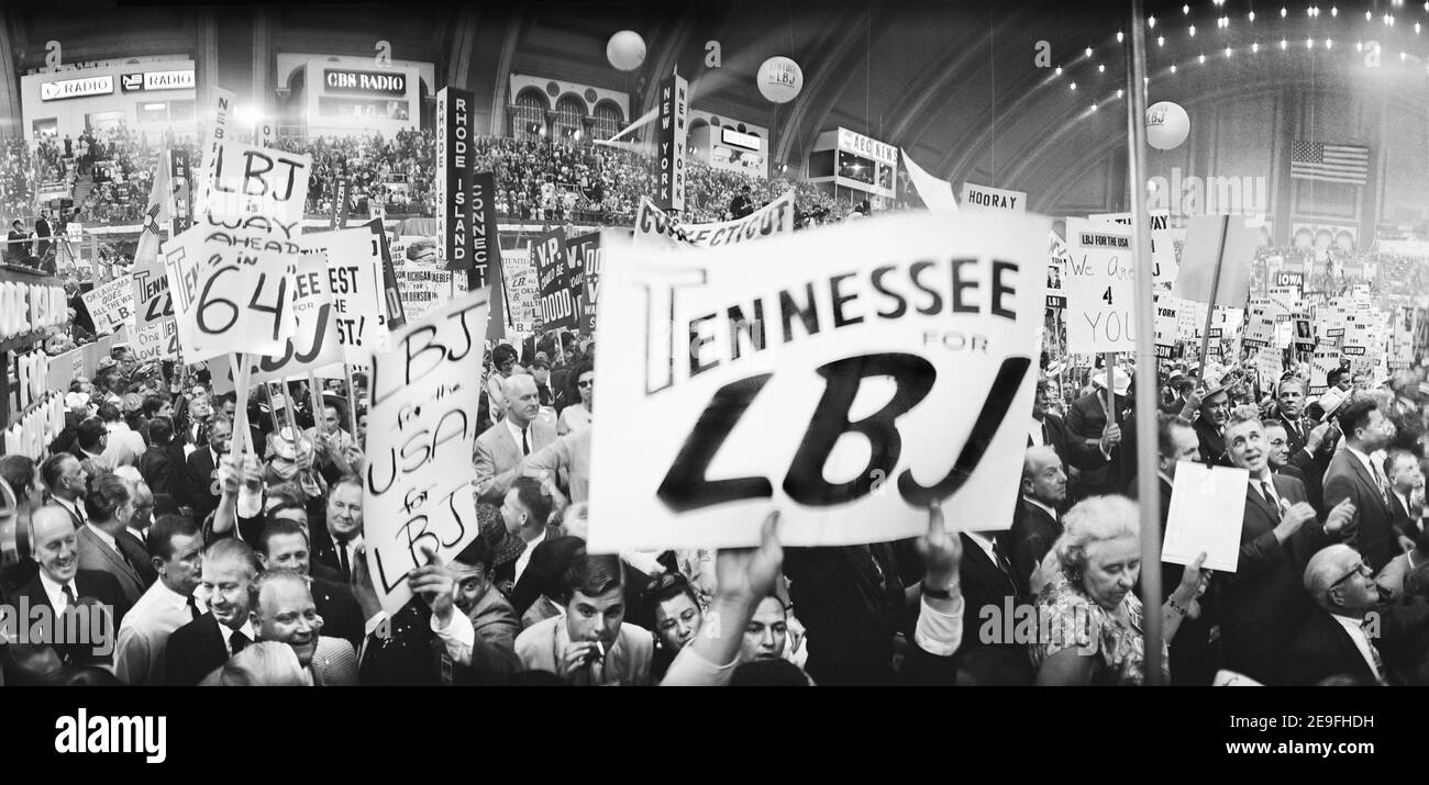 Delegates with lbj signs on floor of democratic national convention ...