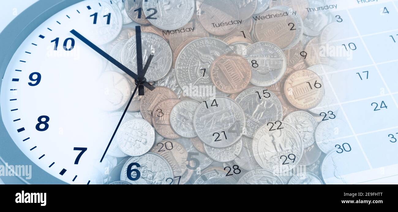 Clock, American coins and calendar. Time is money Stock Photo - Alamy