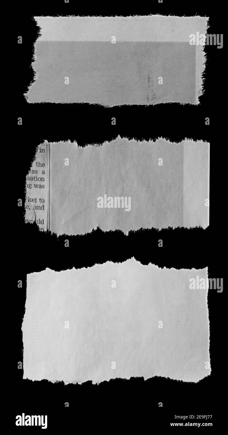 Three pieces of torn newspaper on black background Stock Photo - Alamy