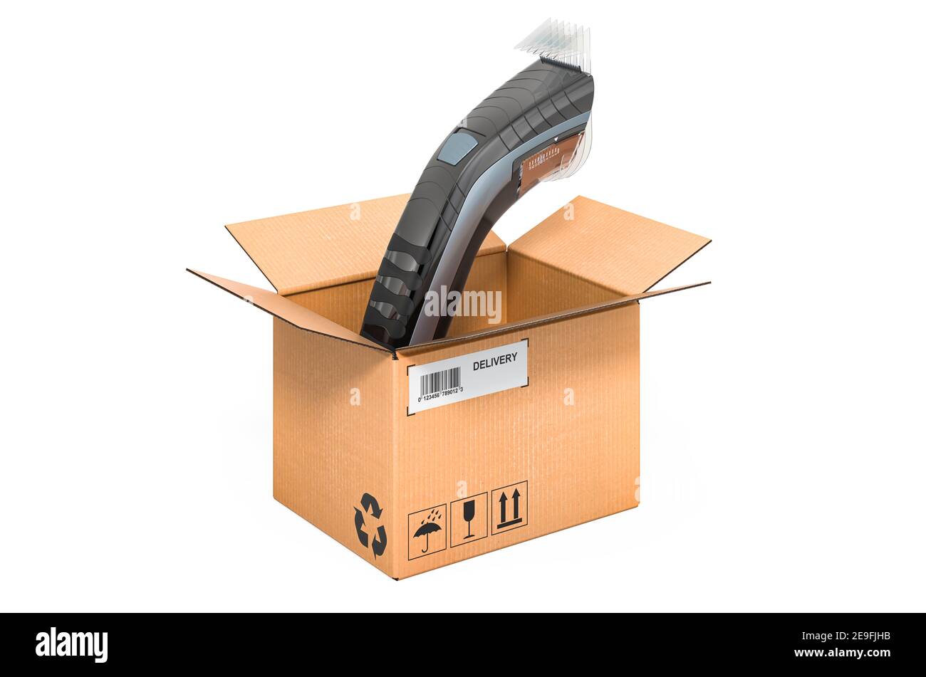 Electric hair clipper inside cardboard box, delivery concept. 3D ...
