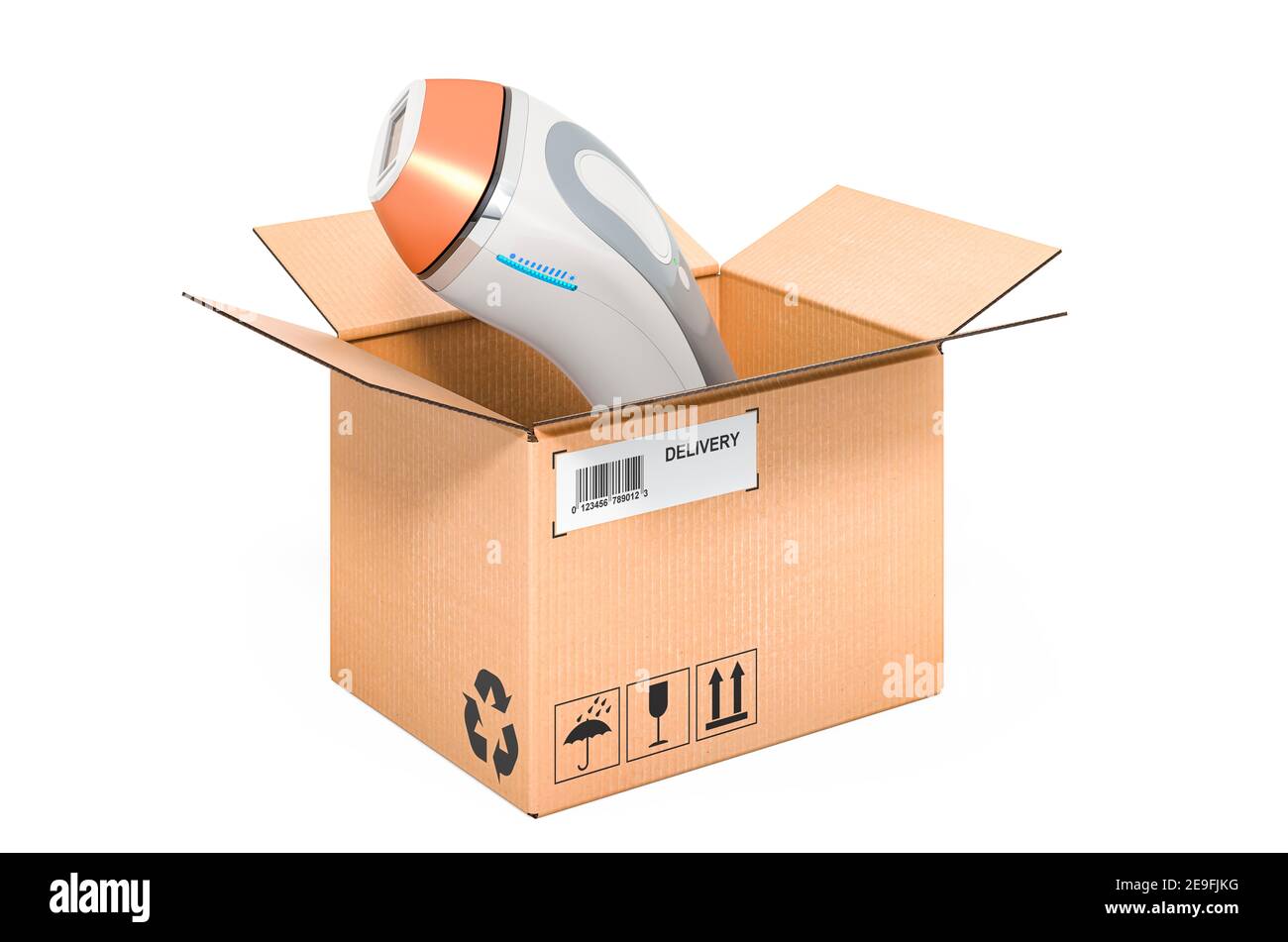 Laser hair removal inside cardboard box, delivery concept. 3D rendering ...