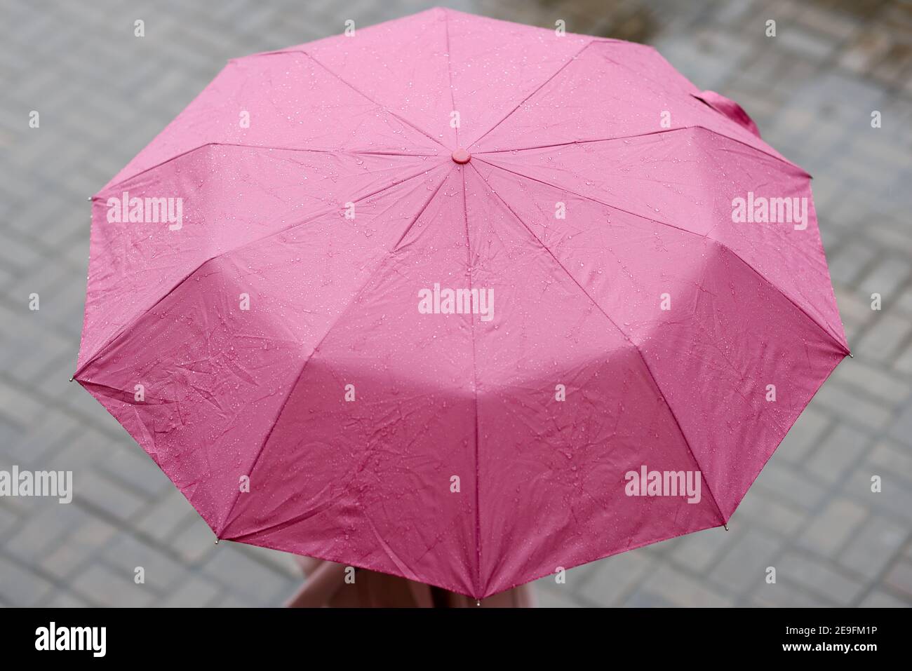 An open pink umbrella on which rain is falling Stock Photo - Alamy