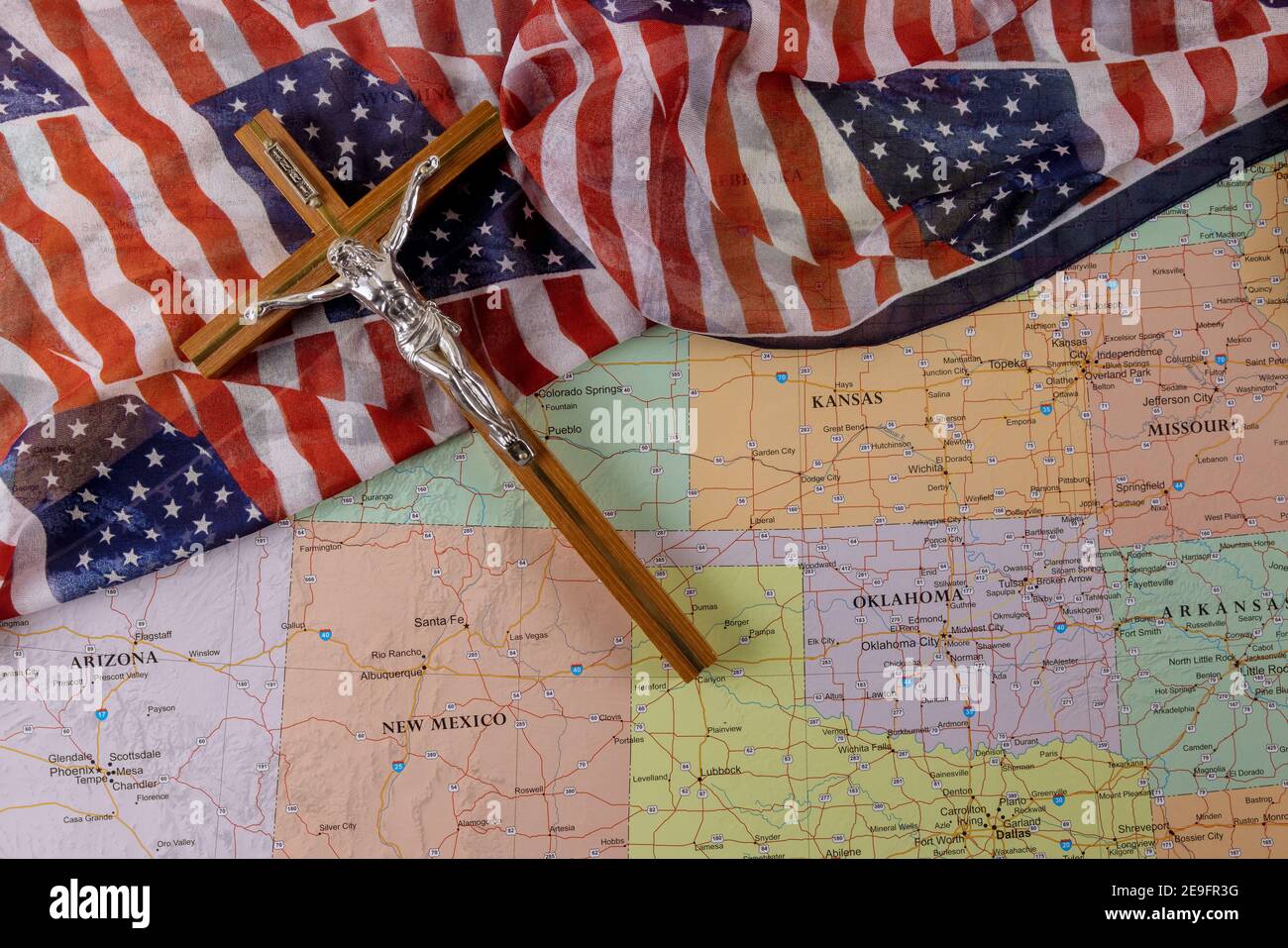 American flad and U.S. map background on cross, close-up view Christian ...