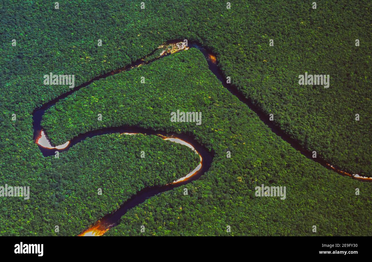CANAIMA NATIONAL PARK, VENEZUELA - Aerial of Churun River winding ...