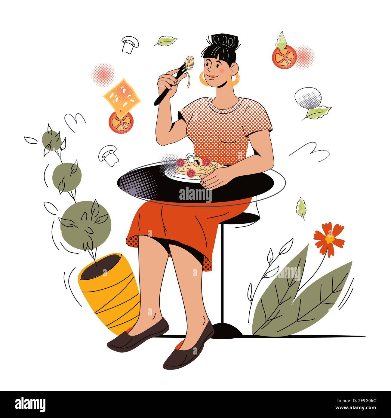 Young woman cartoon character eating pasta or noodles, vector ...