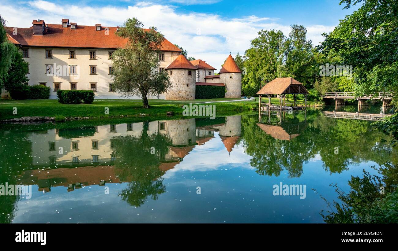 Beautiful castle by river. Spring, summer, landscape, landmark. Otocec ...