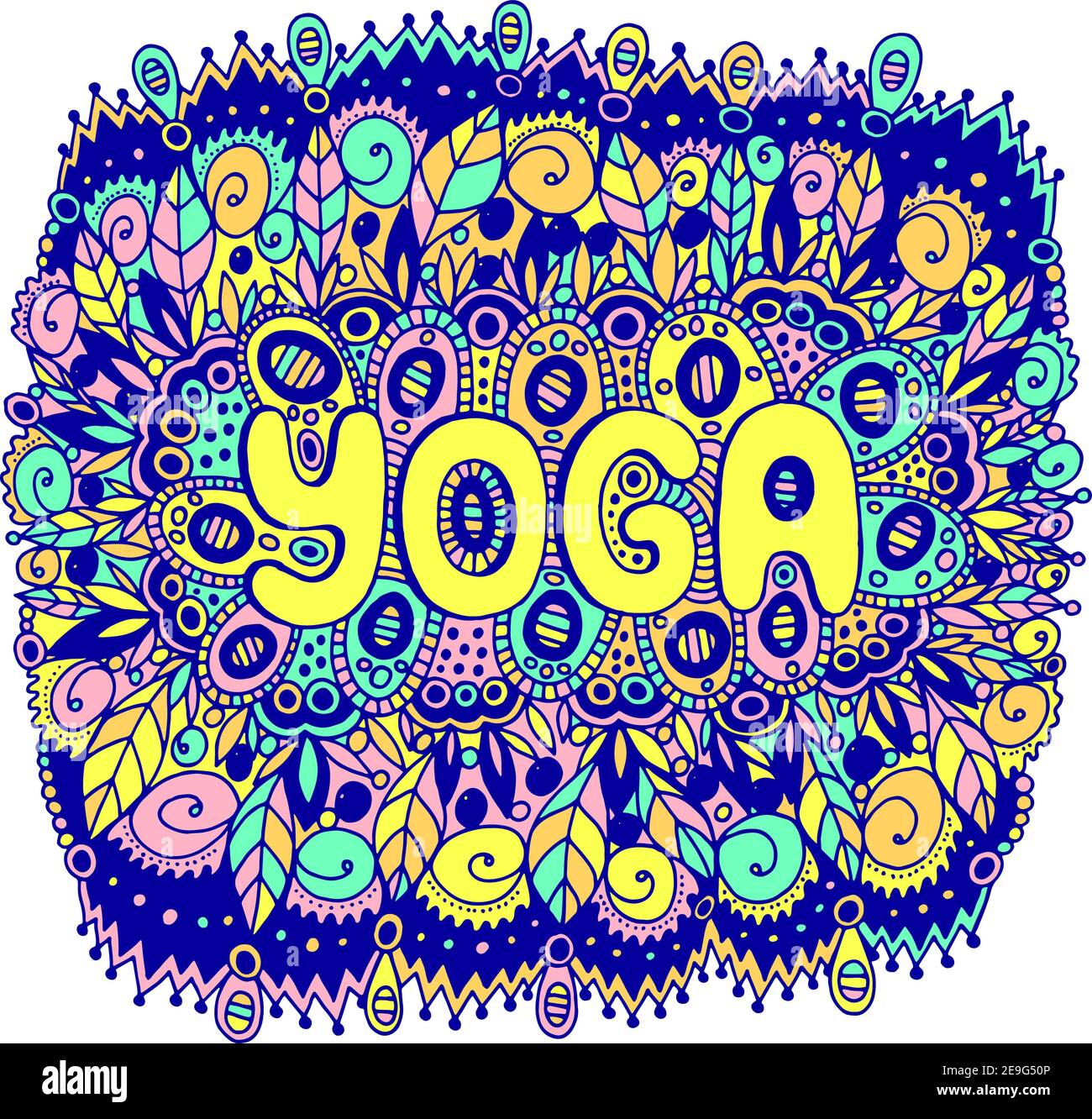 Colorful illustration with mandala and yoga word. T-shirt and card ...