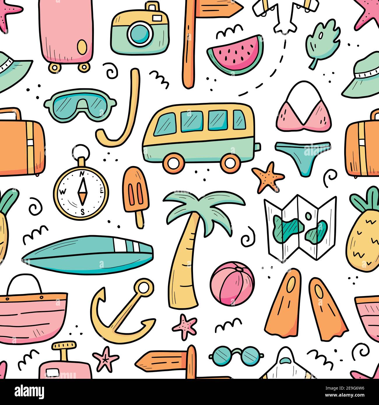 Hand drawn seamless pattern of travel summer vacation elements, luggage ...