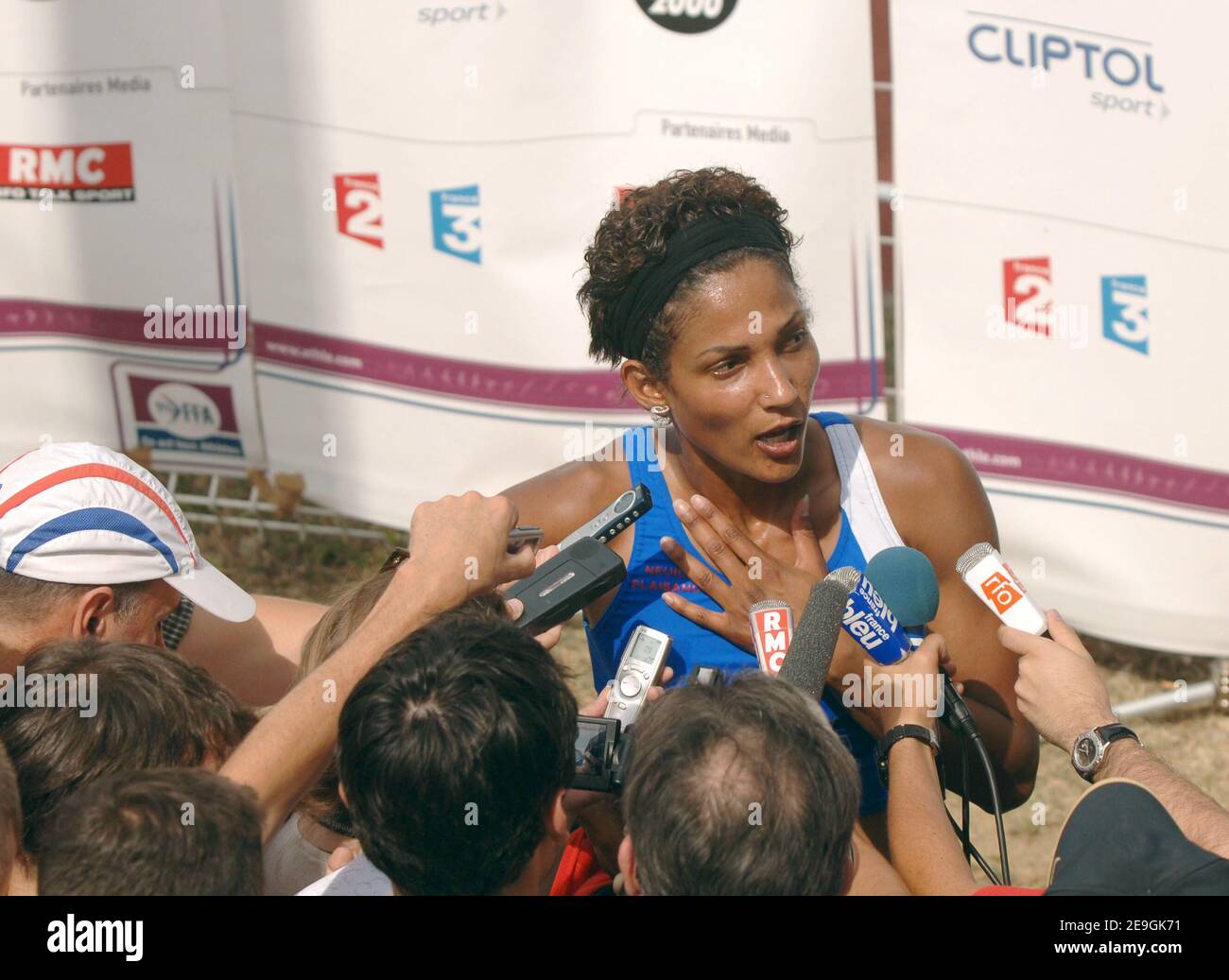 France's Christine Arron talk to the media during the French Track and ...