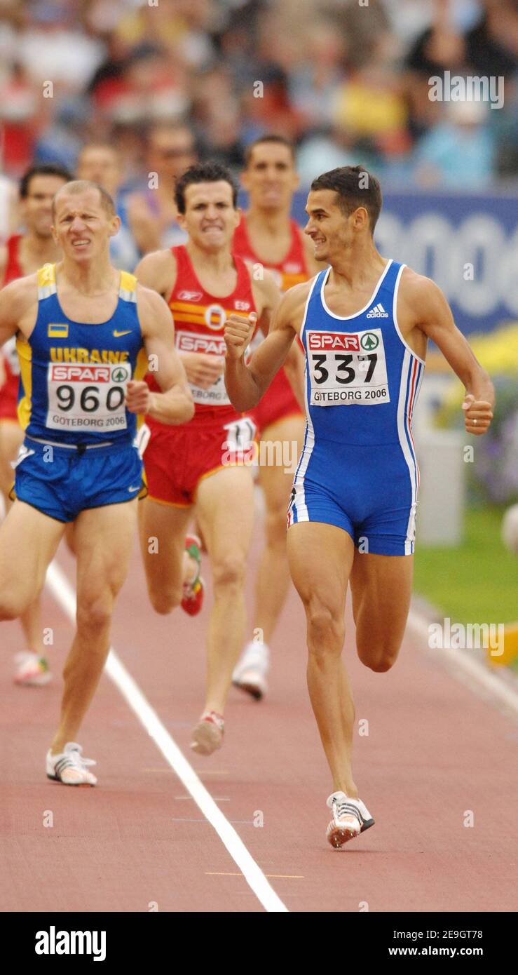 France's Mehdi Baala celebrates as he crosses the finish line to win ...
