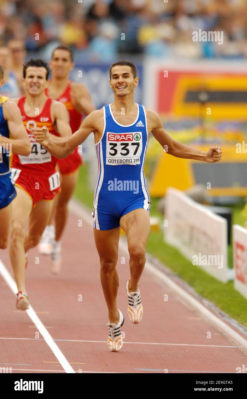 France's Mehdi Baala celebrates as he crosses the finish line to win ...