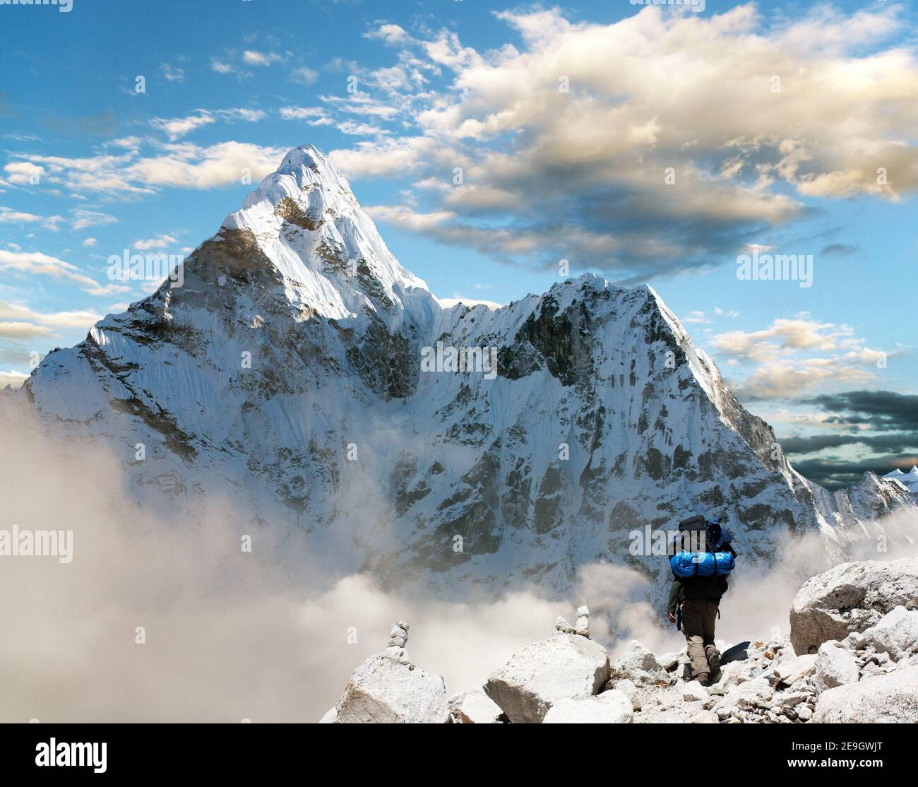 Beautiful view of Ama Dablam with tourist and beautiful clouds - Sagarmatha national park ...