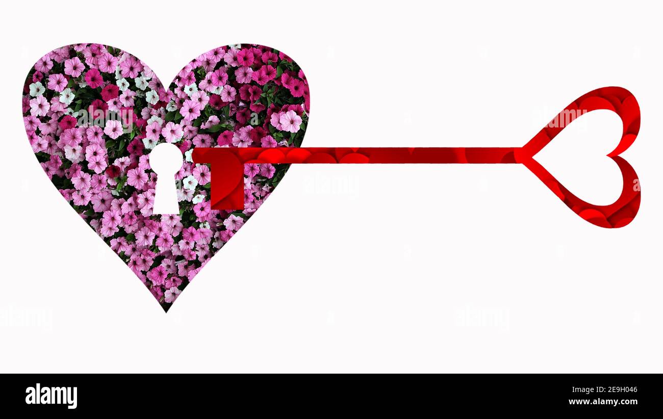 Illustration of a floral heart with a keyhole and a heart-shaped key on ...