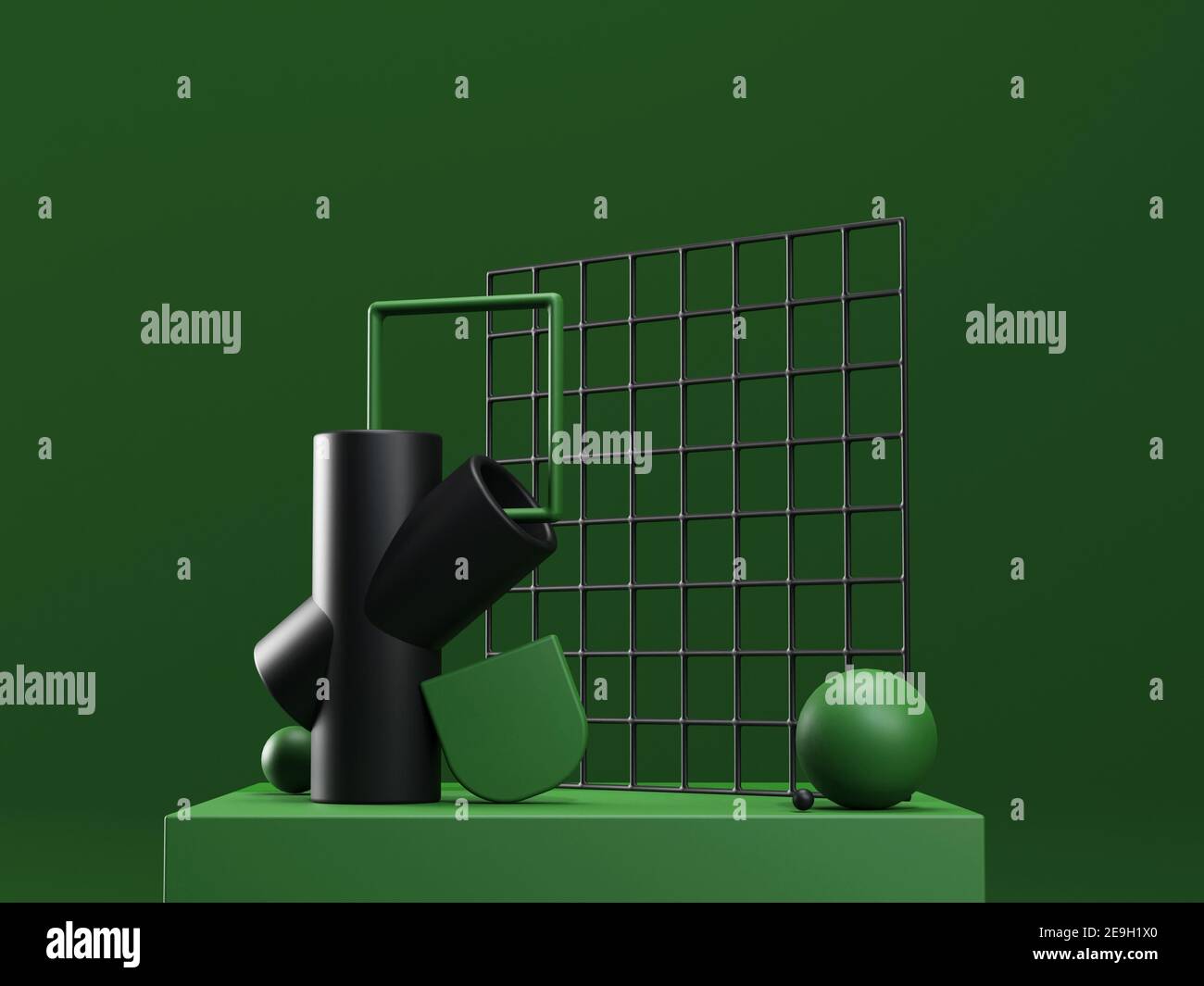 3d render stage with abstract geometric shapes in green and black ...