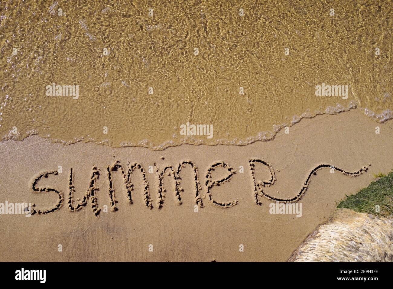 Summer written on the sea sand. Natural sandy background with beach and ...