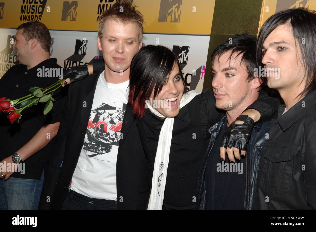 Jared Leto (2nd from L) and his band, 30 Seconds to Mars, arrive at the ...