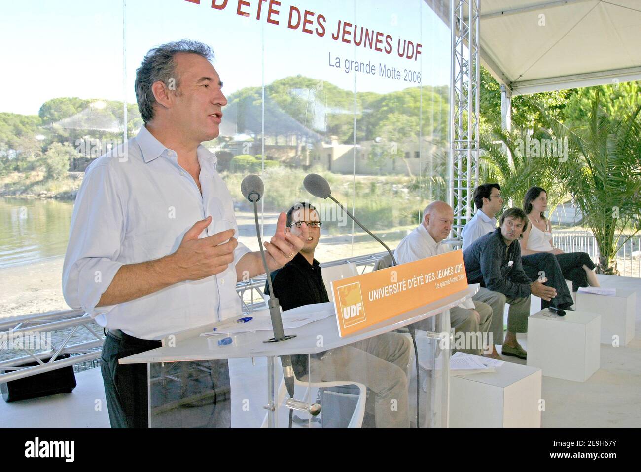 UDF party leader Francois Bayrou and TV presenter Nicolas Hulot attend ...