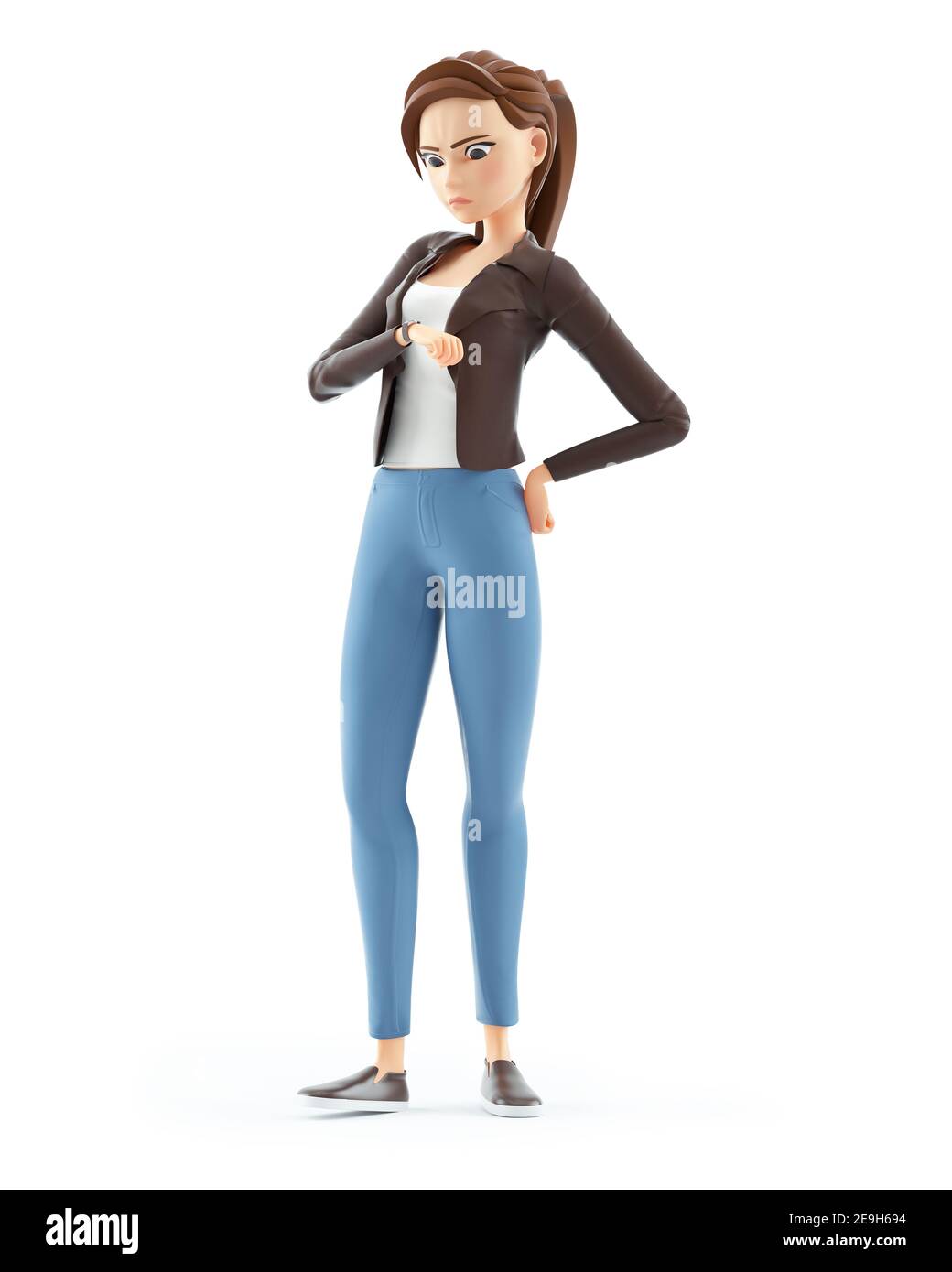 3d cartoon woman watching time, illustration isolated on white ...