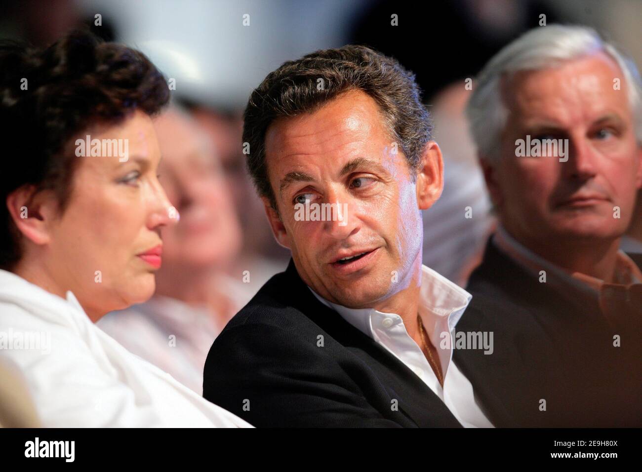 Roselyne Bachelot, Michel Barnier and Nicolas Sarkozy during the UMP ...