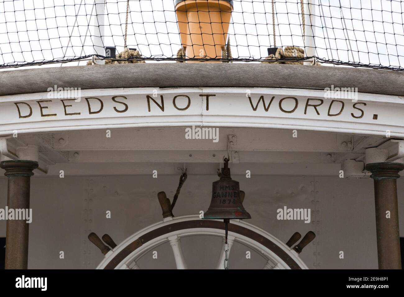 The wheel on the deck level, and deck of HMS Gannet, at Historic ...