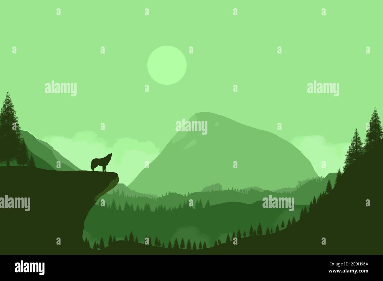 Illustration of a wolf on a cliff surrounded by trees and high ...