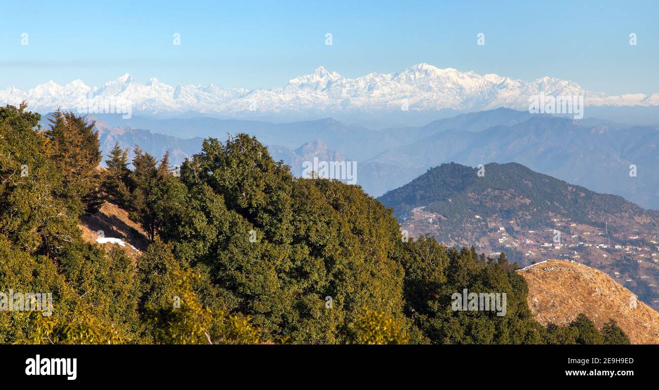 Himalaya, panoramic view of Indian Himalayas, great Himalayan range, Uttarakhand India, view ...