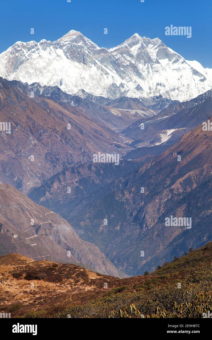 view of Mount Everest, Nuptse rock face, Mount Lhotse and Lhotse Shar ...