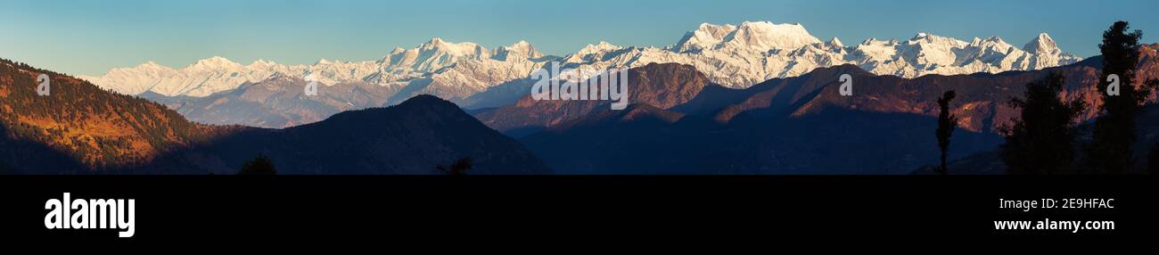 Morning panoramic view of mount Chaukhamba, Himalaya, panoramic view of Indian Himalayas, great ...