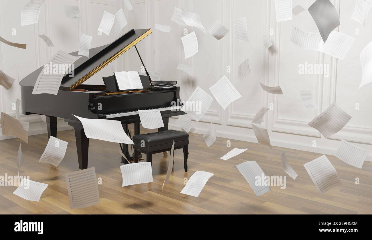 grand piano in room with wooden floor and lots of sheet music falling ...