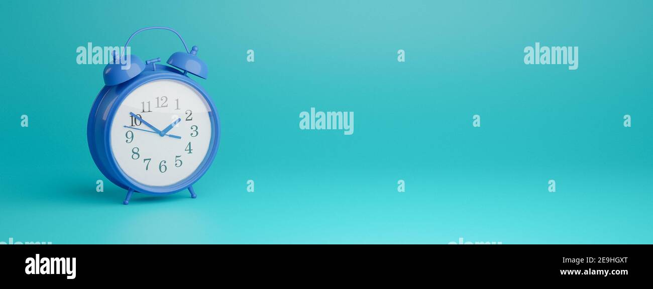 classic dark blue alarm clock on light blue background. copyspace. 3d ...