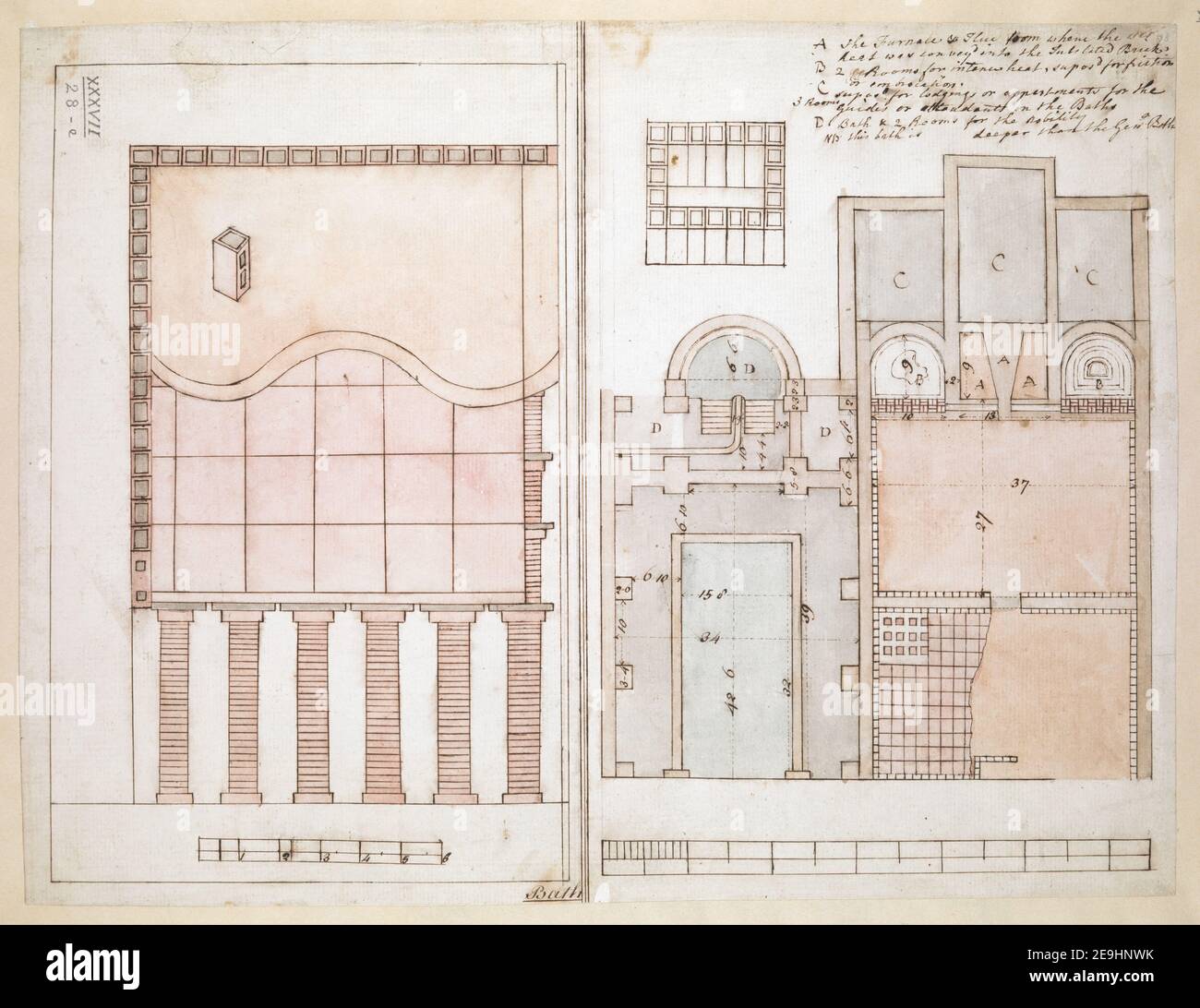 A coloured plan and section of the remains of the Roman baths ...