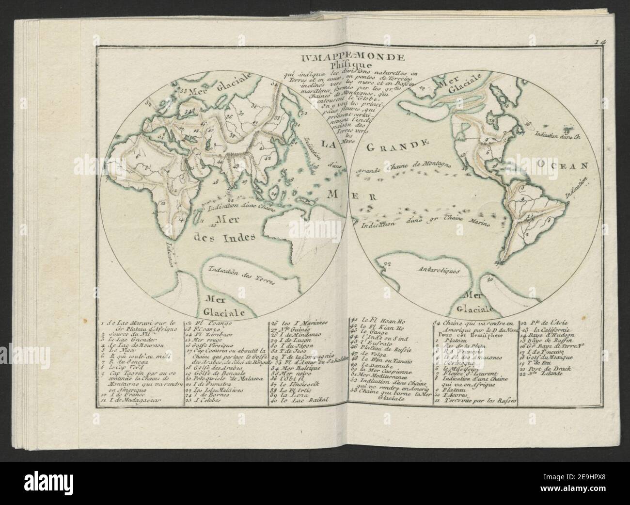 Mappe Monde Physique, Politique, et MatheÃÅmatique, par L. Denis. In hemispheres on the ...