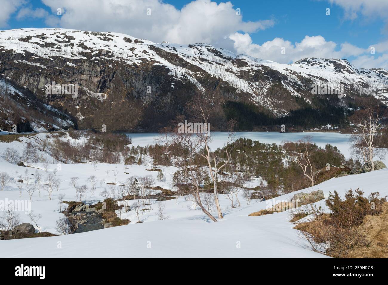 The frozen lake Storevatnet and Storevassøyna island, Matredal, Norway ...