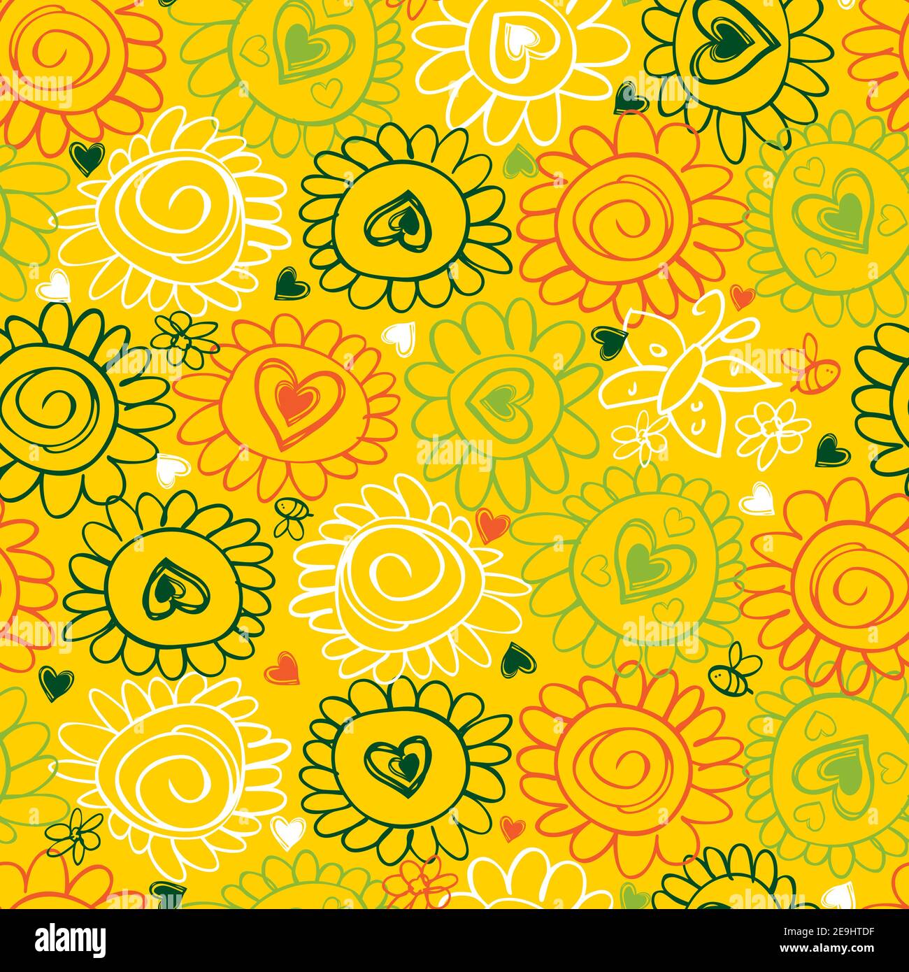 Vector yellow doodle hand drawn flower power and hearts line art fun ...