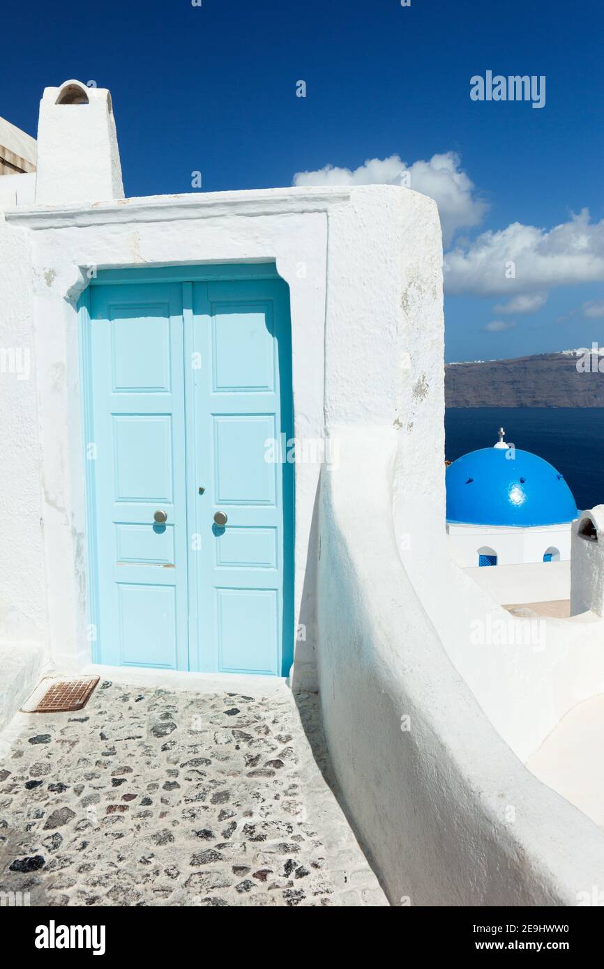 Santorini, Greece Traditional whitewashed gate with blue trim Stock ...