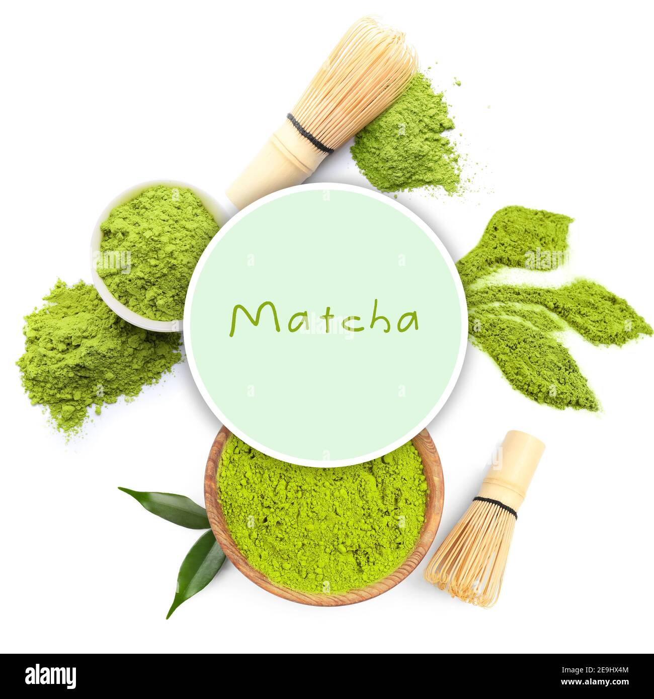 Collage of healthy matcha tea on white background Stock Photo - Alamy