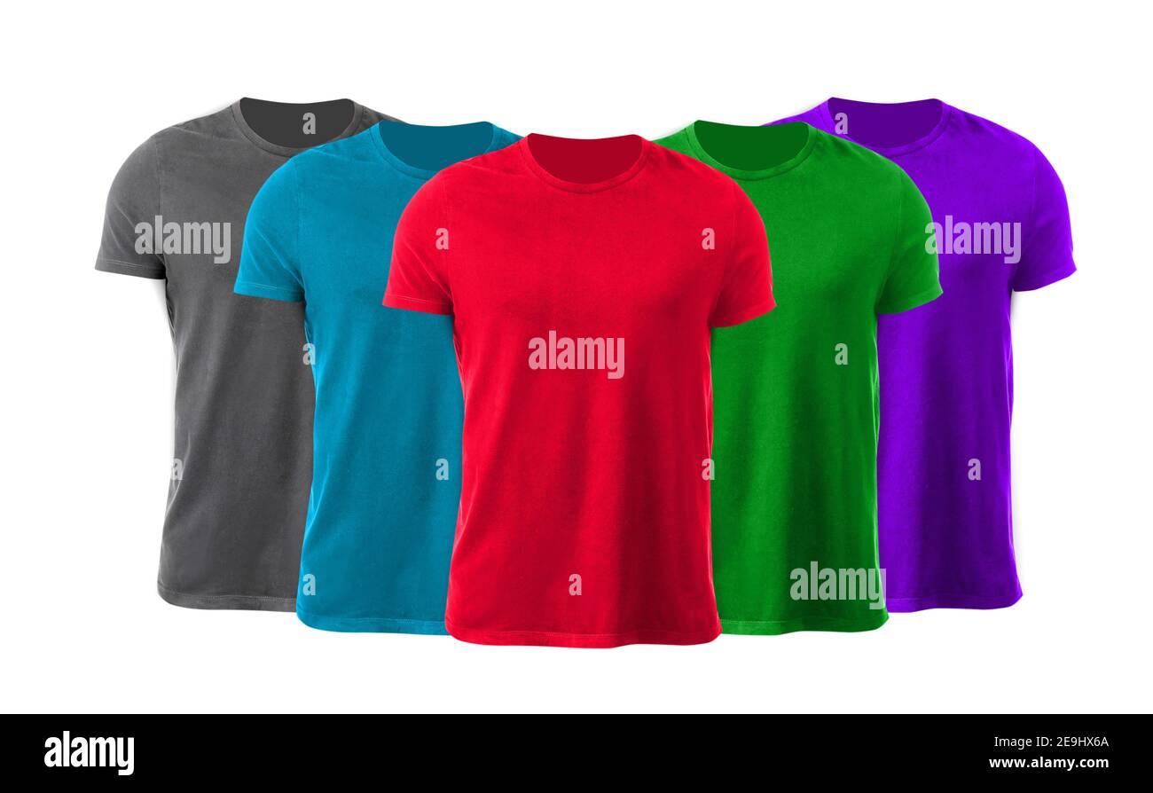 Collection of bright t-shirts on white background Stock Photo - Alamy