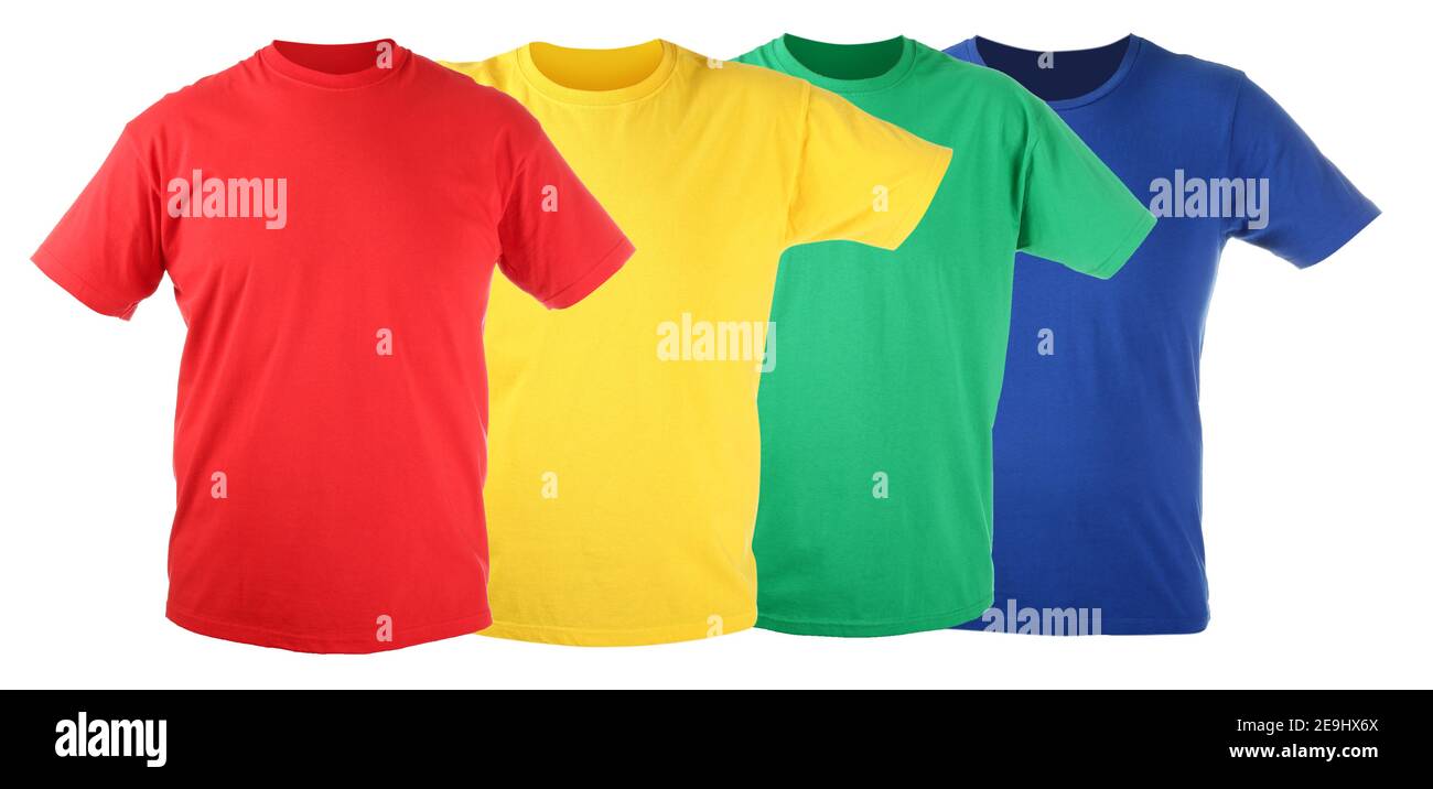 Collection of bright t-shirts on white background Stock Photo - Alamy